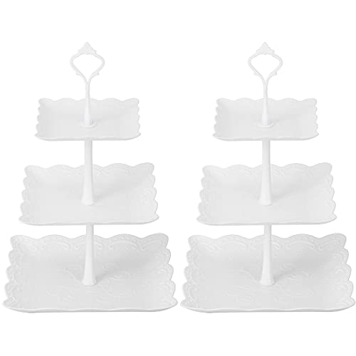 2 Set of 3-Tier Plastic Cupcake Stand Dessert Plates Mini Cakes Fruit Candy Display Tower White for Kids Birthday Tea Party Baby Shower Serving Tray, Square