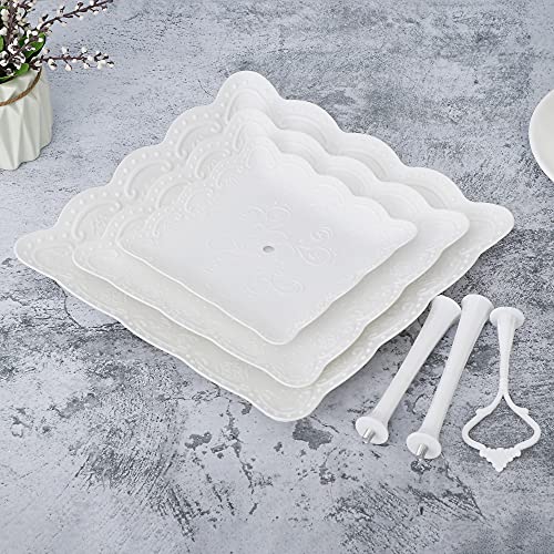 2 Set of 3-Tier Plastic Cupcake Stand Dessert Plates Mini Cakes Fruit Candy Display Tower White for Kids Birthday Tea Party Baby Shower Serving Tray, Square