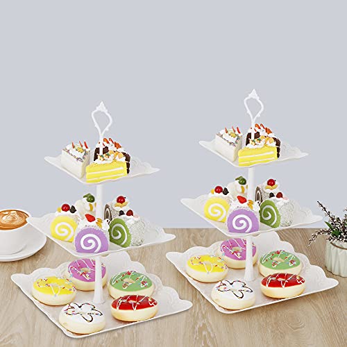 2 Set of 3-Tier Plastic Cupcake Stand Dessert Plates Mini Cakes Fruit Candy Display Tower White for Kids Birthday Tea Party Baby Shower Serving Tray, Square