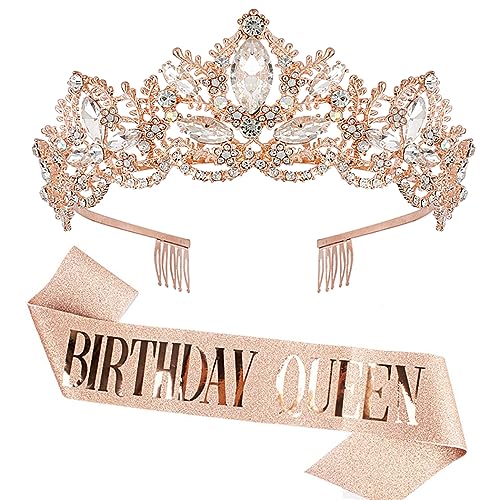 Tihebax Birthday Crown Rose Gold Crystal Tiara Birthday Queen Sash Birthday Headband Crowns for Women Birthday Queen Series Party Gift Halloween Cosplay Rhinestone Headbands(Rose Gold)