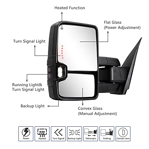 Switchback Towing Mirror for Silverado Sierra - Compatible with 2014-2018 Chevy GMC 1500; 2015-2019 Silverado Sierra 2500 HD 3500 HD with Power Adjusted Glass Heated Running & Turn Signal Lights Black