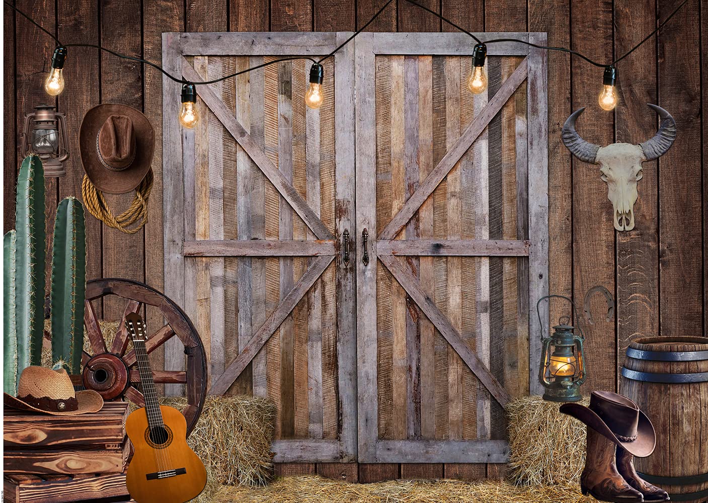 Dudaacvt 8x6FT Western Cowboy Backdrop Western Party Supplies Decorations Wild West Decor Rustic Wooden House Barn Photography Background for Boy Baby Birthday Banner D671