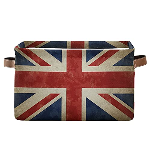 AUUXVA Britain Flag Union Jack Storage Bins Basket, Vintage UK Flag Collapsible Storage Cube Rectangle Storage Box with Handles for Shelf Closet Nursery Bedroom Home Office 1 Pack
