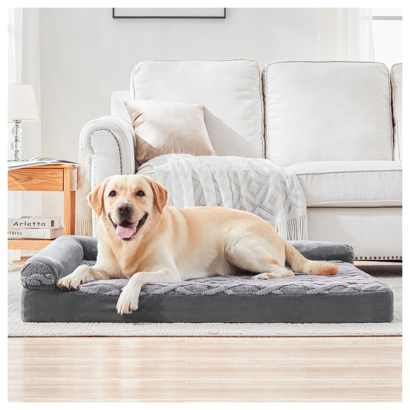 JOEJOY Orthopedic Dog Bed for Extra Large Dogs, Egg Crate Foam Dog Beds with Removable Washable Cover, Cozy Waterproof Lining Bolster Pet Sleeping Beds, Anti-Slip Bottom Dog Sofa Bed 44"x32"