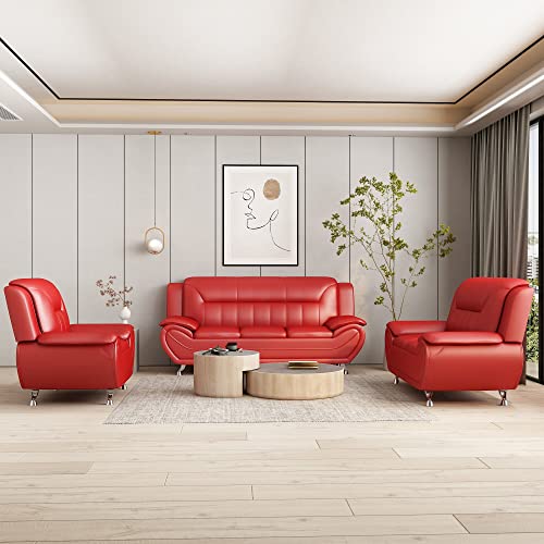 Container Furniture Direct Michael Modern Faux Leather Upholstered Stainless Steel Legs Living Room, Sofa, Persian Red