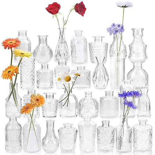 Yirilan Glass Bud Vases Set of 30, Small Vases for Flowers, Clear Flower Vases in Bulk for Centerpieces, Vintage Mini Vases for Wedding Decor, Home Table Decorations.