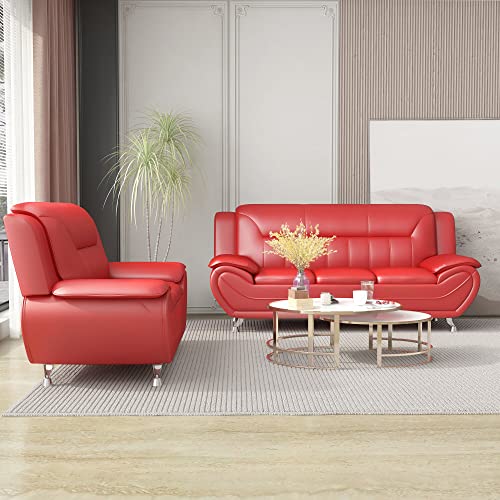 Container Furniture Direct Michael Modern Faux Leather Upholstered Stainless Steel Legs Living Room, Sofa, Persian Red
