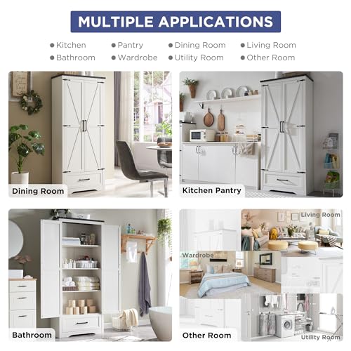 JXQTLINGMU Farmhouse Storage Cabinet with Adjustable Shelves, Bathroom Storage Cabinet with Barn Doors for Bathroom, Utility Room, Living Room, Kitchen, Antique White