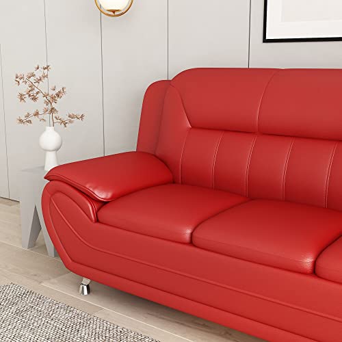 Container Furniture Direct Michael Modern Faux Leather Upholstered Stainless Steel Legs Living Room, Sofa, Persian Red
