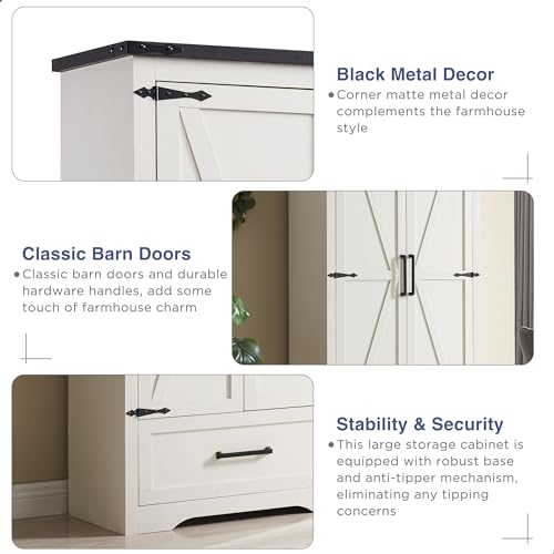 JXQTLINGMU Farmhouse Storage Cabinet with Adjustable Shelves, Bathroom Storage Cabinet with Barn Doors for Bathroom, Utility Room, Living Room, Kitchen, Antique White