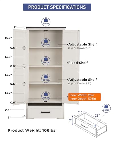 JXQTLINGMU Farmhouse Storage Cabinet with Adjustable Shelves, Bathroom Storage Cabinet with Barn Doors for Bathroom, Utility Room, Living Room, Kitchen, Antique White