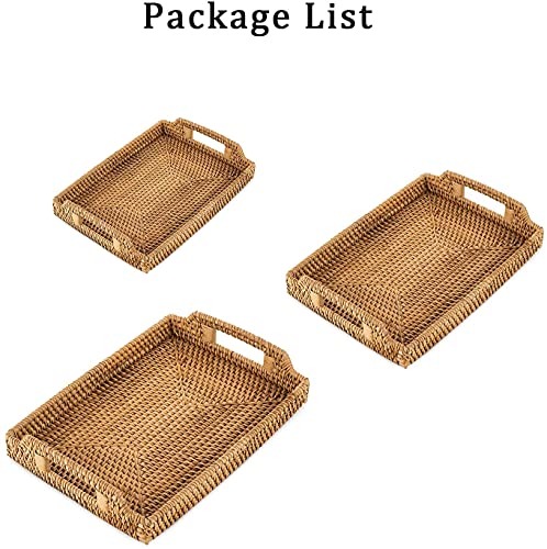 Rattan Serving Tray with Handles Hand Woven Wicker Tray Rattan Tray Rustic Decorative Tray Ottoman Tray Kitchen Organizer (Set of 3 Rectangle)