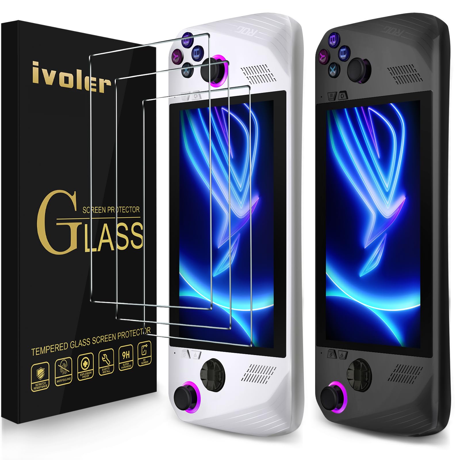 ivoler 3-Pack Tempered Glass Screen Protector for ASUS ROG Ally/ASUS ROG Ally X 7'' 2024/ MSI Claw A1M 2024 Gaming Handheld 7 inch 2023, Transparent HD Clear Screen Protector Bubble Free