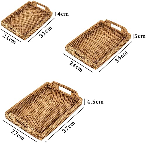 Rattan Serving Tray with Handles Hand Woven Wicker Tray Rattan Tray Rustic Decorative Tray Ottoman Tray Kitchen Organizer (Set of 3 Rectangle)