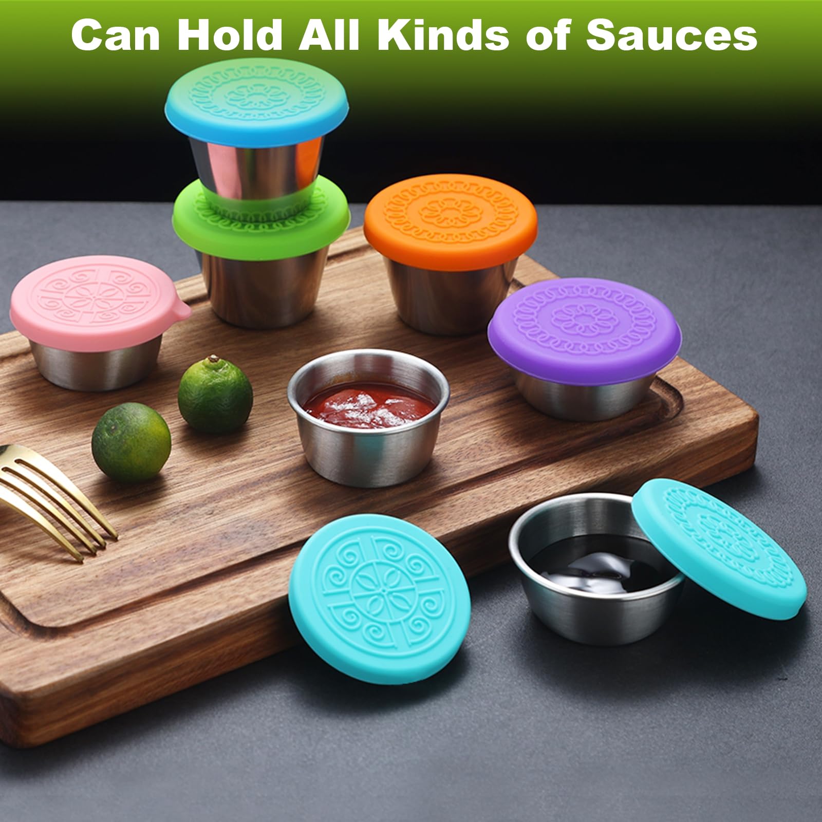 12PCS Metal Sauce Cups 2.5oz Ramekins, Stainless Steel Dipping Sauce Cups with Lids, Reusable Salad Dressing Container To Go, Sauce Containers Small Bowls for Lunch Bento Box, Party Picnic Travel