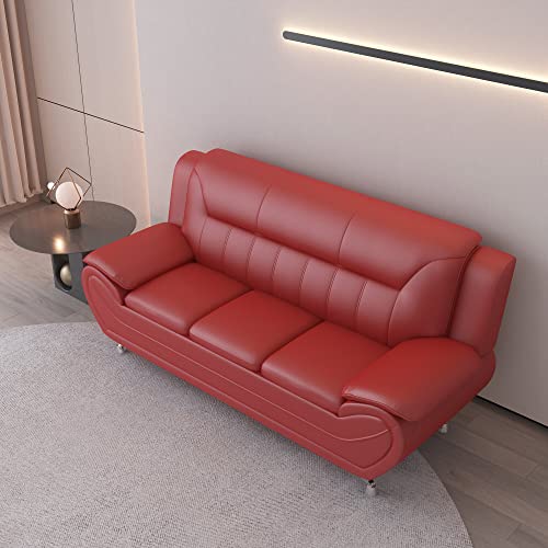 Container Furniture Direct Michael Modern Faux Leather Upholstered Stainless Steel Legs Living Room, Sofa, Persian Red
