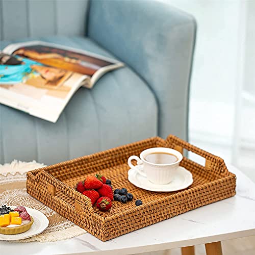 Rattan Serving Tray with Handles Hand Woven Wicker Tray Rattan Tray Rustic Decorative Tray Ottoman Tray Kitchen Organizer (Set of 3 Rectangle)