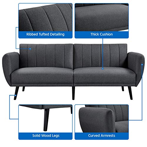 Topeakmart Sofa Bed Couch Sleeper Convertible Loveseat with Wood Legs Ribbed-Tufted Convertible Sofa Bed Linen-Upholstery for Small Space/Guest Room Gray