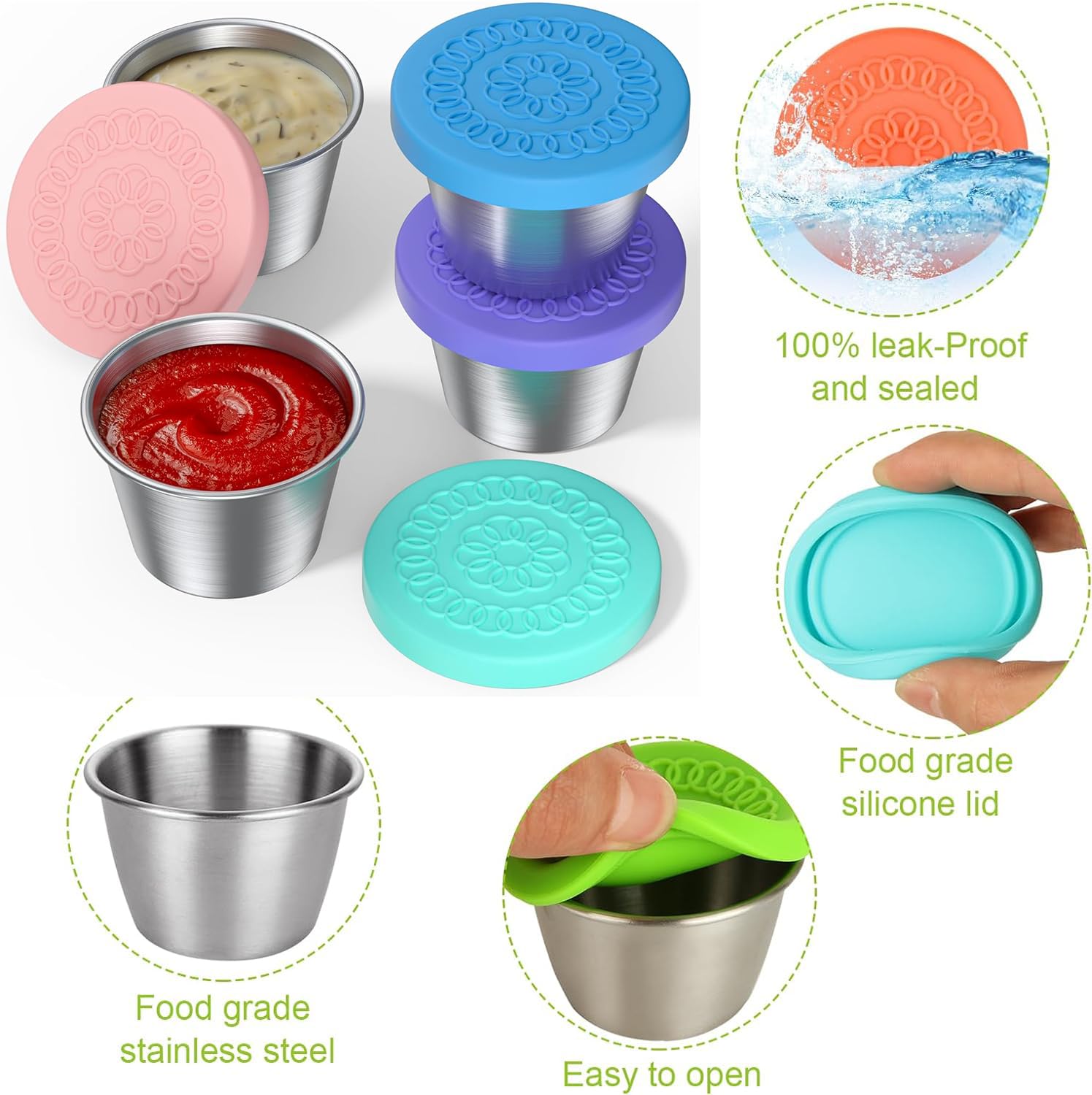 12PCS Metal Sauce Cups 2.5oz Ramekins, Stainless Steel Dipping Sauce Cups with Lids, Reusable Salad Dressing Container To Go, Sauce Containers Small Bowls for Lunch Bento Box, Party Picnic Travel