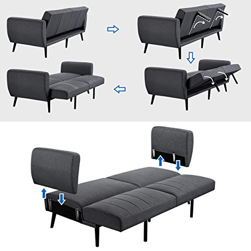 Topeakmart Sofa Bed Couch Sleeper Convertible Loveseat with Wood Legs Ribbed-Tufted Convertible Sofa Bed Linen-Upholstery for Small Space/Guest Room Gray