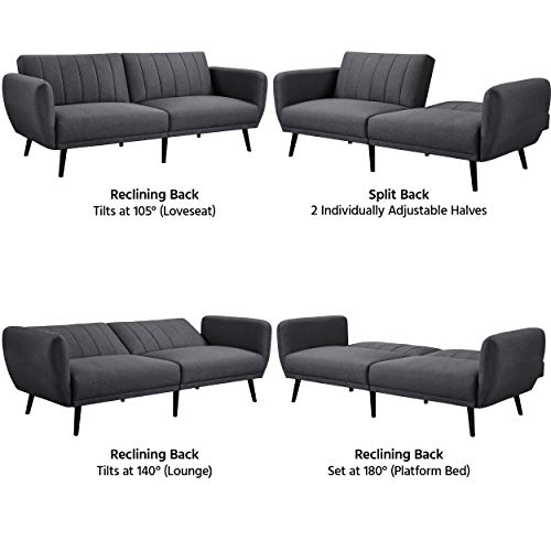 Topeakmart Sofa Bed Couch Sleeper Convertible Loveseat with Wood Legs Ribbed-Tufted Convertible Sofa Bed Linen-Upholstery for Small Space/Guest Room Gray