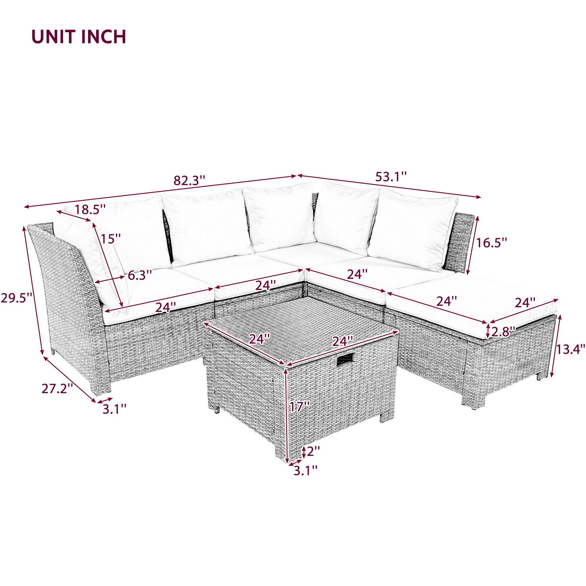 BIADNBZ 6 Piece Outdoor Patio Furniture PE Wicker Rattan Sectional Sofa Couch Conversation Sets with 1 Ottoman and 1 Storage Table, Beige
