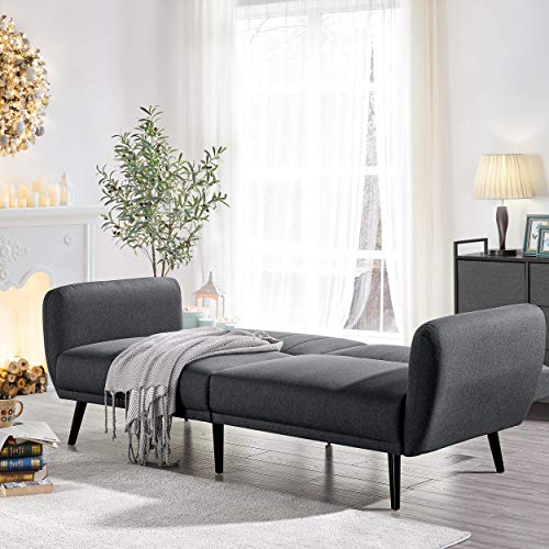 Topeakmart Sofa Bed Couch Sleeper Convertible Loveseat with Wood Legs Ribbed-Tufted Convertible Sofa Bed Linen-Upholstery for Small Space/Guest Room Gray