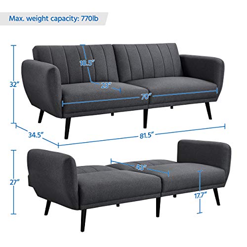 Topeakmart Sofa Bed Couch Sleeper Convertible Loveseat with Wood Legs Ribbed-Tufted Convertible Sofa Bed Linen-Upholstery for Small Space/Guest Room Gray