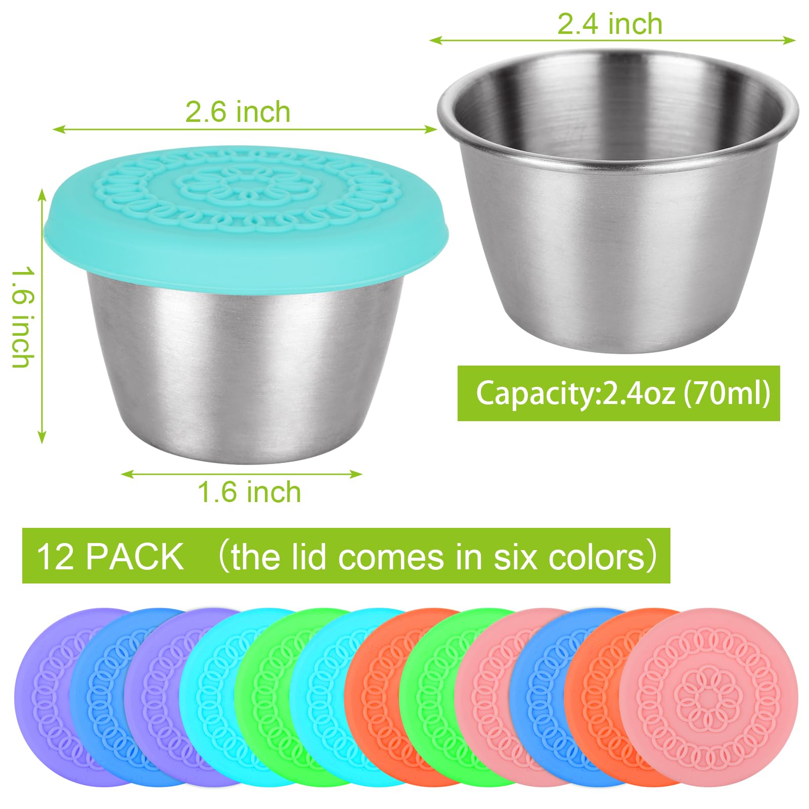 12PCS Metal Sauce Cups 2.5oz Ramekins, Stainless Steel Dipping Sauce Cups with Lids, Reusable Salad Dressing Container To Go, Sauce Containers Small Bowls for Lunch Bento Box, Party Picnic Travel