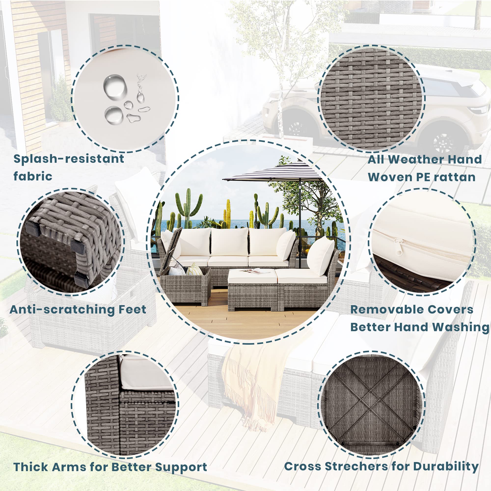 BIADNBZ 6 Piece Outdoor Patio Furniture PE Wicker Rattan Sectional Sofa Couch Conversation Sets with 1 Ottoman and 1 Storage Table, Beige