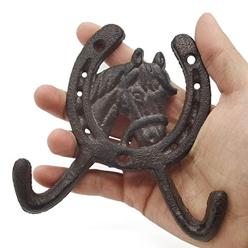 TIHOOD 2PCS Cast Iron Rustic Ranch Horse Head 2 Hook Coat Hooks Rack Towel Horseshoe Hook, Coat Hook,Hat Hook Wall Mounted,Wall Hook,Coat Hanger,Hooks