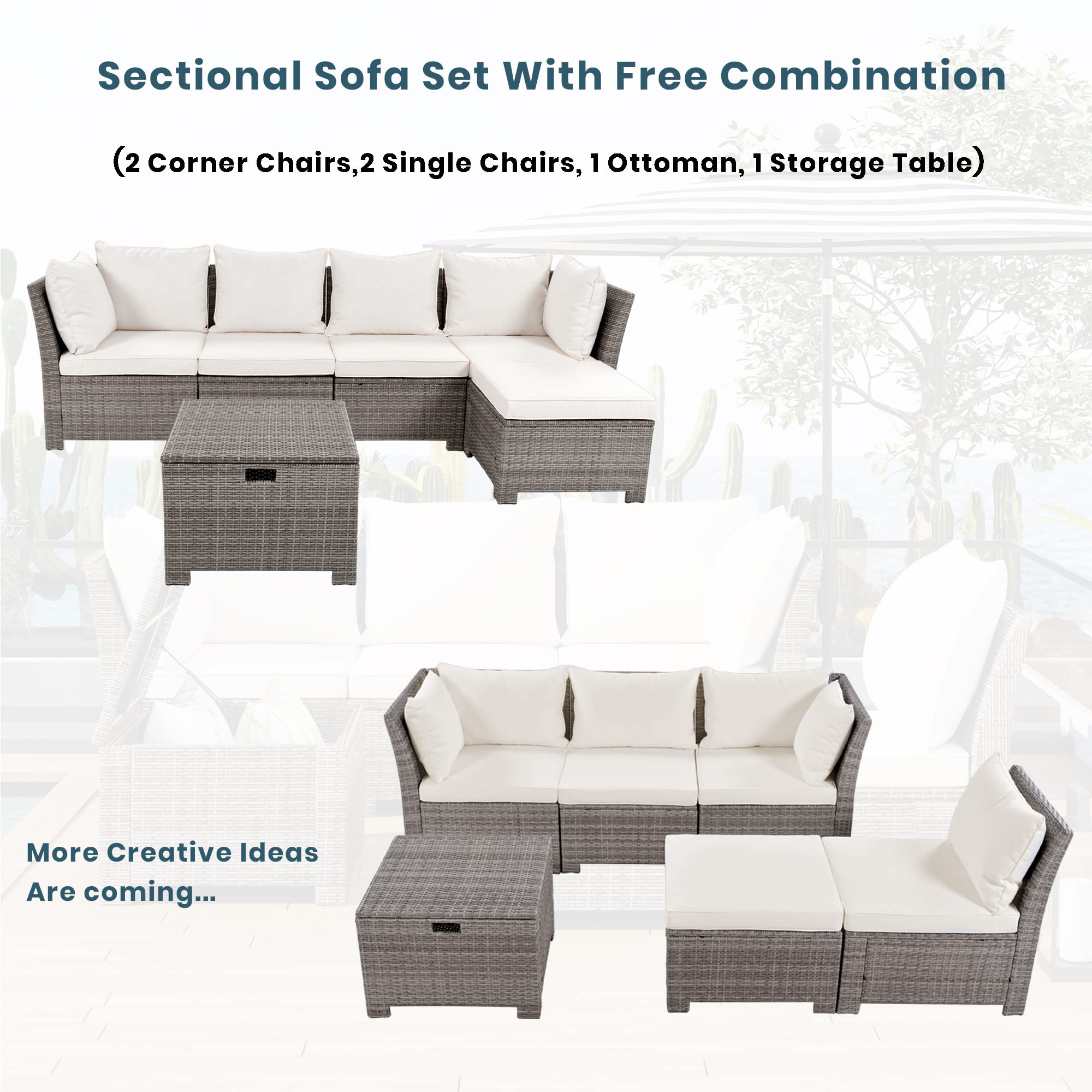 BIADNBZ 6 Piece Outdoor Patio Furniture PE Wicker Rattan Sectional Sofa Couch Conversation Sets with 1 Ottoman and 1 Storage Table, Beige