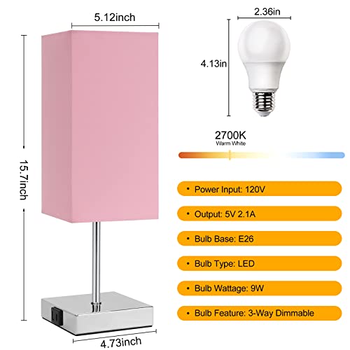 SEEDED-DESIGN Touch Control Table Lamp, Small Bedside Lamp with USB Port and Outlet, 3-Way Dimmable Nightstand Lamp for Bedroom, Living Room, LED Bulb Included (Square, Pink Blush)
