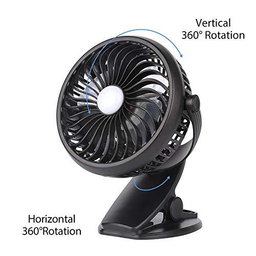 AJOYEUX Battery Operated Clip on Fan, Portable Rechargeable USB Personal Fan 3 In 1 with hook and LED for camping, stroller, car seat, office