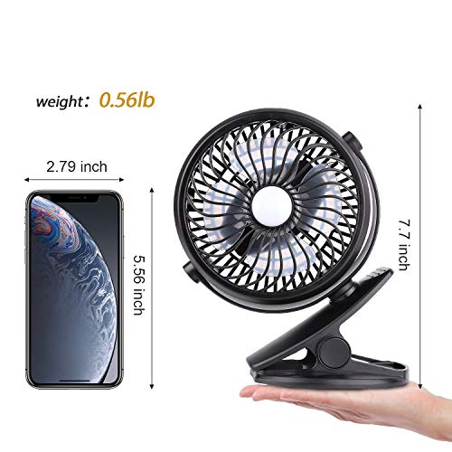 AJOYEUX Battery Operated Clip on Fan, Portable Rechargeable USB Personal Fan 3 In 1 with hook and LED for camping, stroller, car seat, office