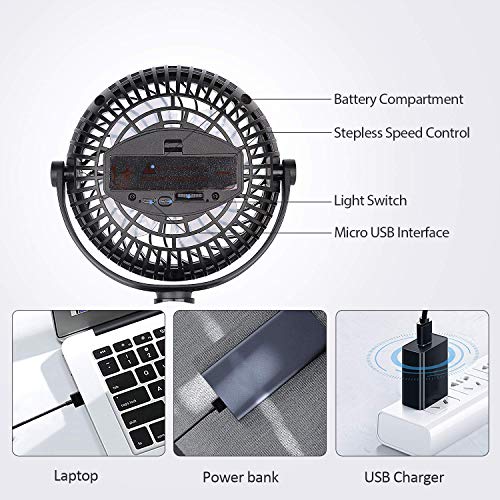 AJOYEUX Battery Operated Clip on Fan, Portable Rechargeable USB Personal Fan 3 In 1 with hook and LED for camping, stroller, car seat, office
