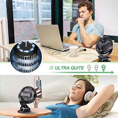 AJOYEUX Battery Operated Clip on Fan, Portable Rechargeable USB Personal Fan 3 In 1 with hook and LED for camping, stroller, car seat, office
