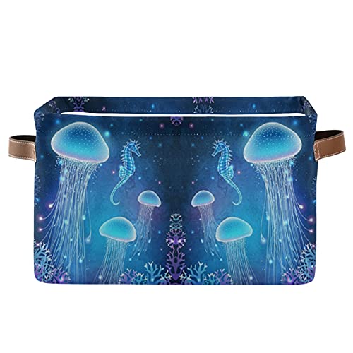 Oyihfvs Glowing Blue Jellyfish Underwater Seahorse World Square Shelves Storage Basket Bin, Waterproof Laundry Hamper Bucket, Baby Nursery Organizer with Handles for Toys Clothes Room Closets