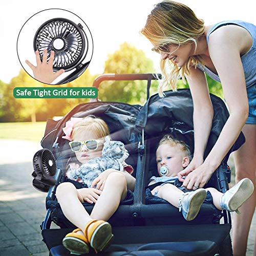 AJOYEUX Battery Operated Clip on Fan, Portable Rechargeable USB Personal Fan 3 In 1 with hook and LED for camping, stroller, car seat, office