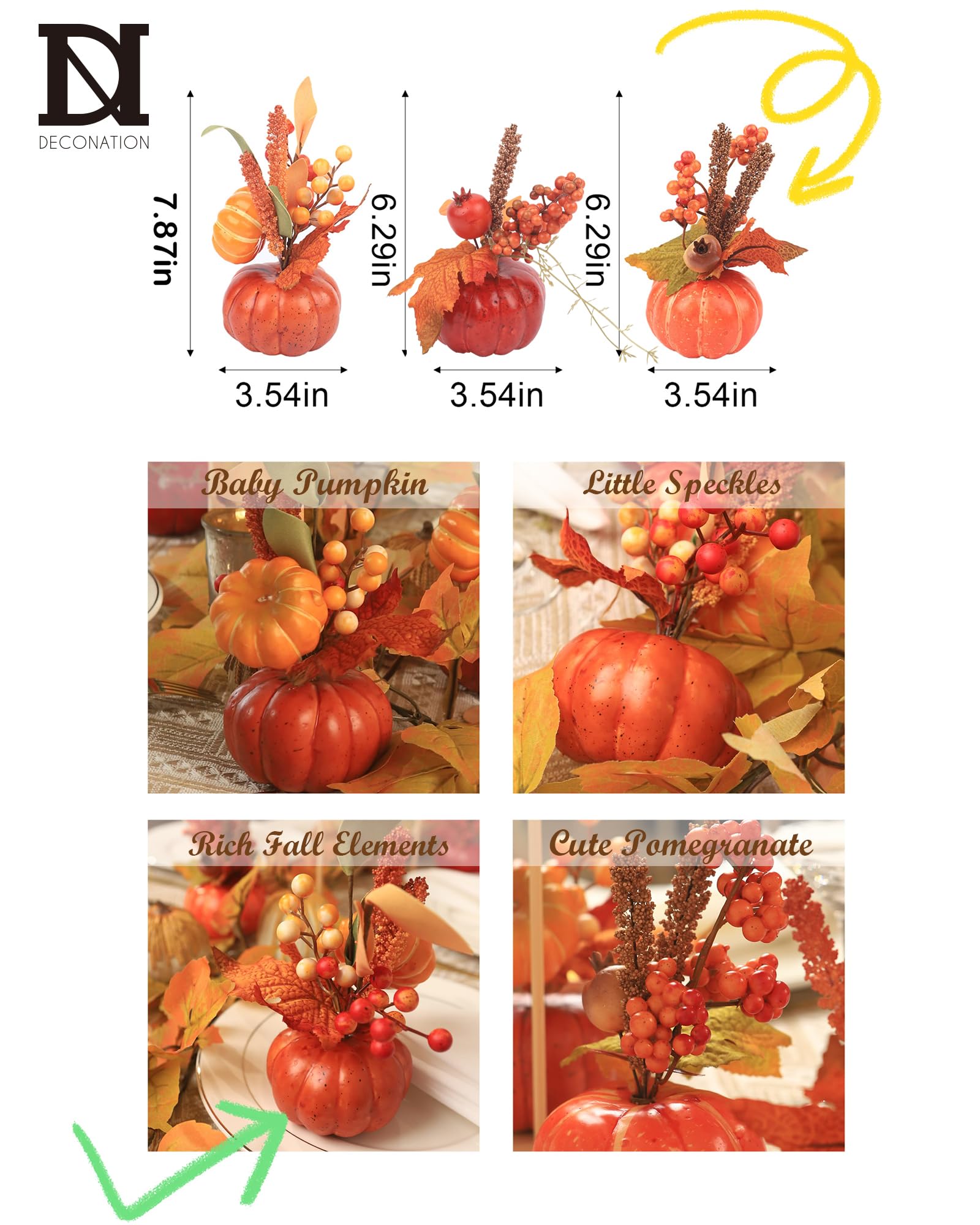 DN DECONATION Thanksgiving Decorations Set of 6 Artificial Pumpkin Decor, Decorative Pumpkin with Maple Leaves Berry for Harvest Fall Decor Table Centerpiece Home Kitchen Party