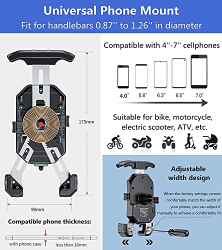KEWIG Waterproof Motorcycle Phone Mount Qi 15W Wireless & USB C 20W Fast Chargeing Port, One-Push Automatically Lock & Quick Release Handlebar Cell Phone Holder for 4-7'' Phones
