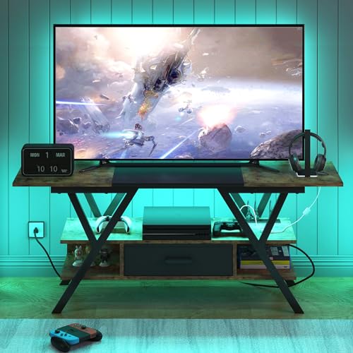 Yusong 65 inch LED TV Stand, Entertainment Center Gaming TV Table with Outlets, Up to 65" Media Console for Living Room, 29+DIY Dynamic RGB Modes, Rustic Brown and Black