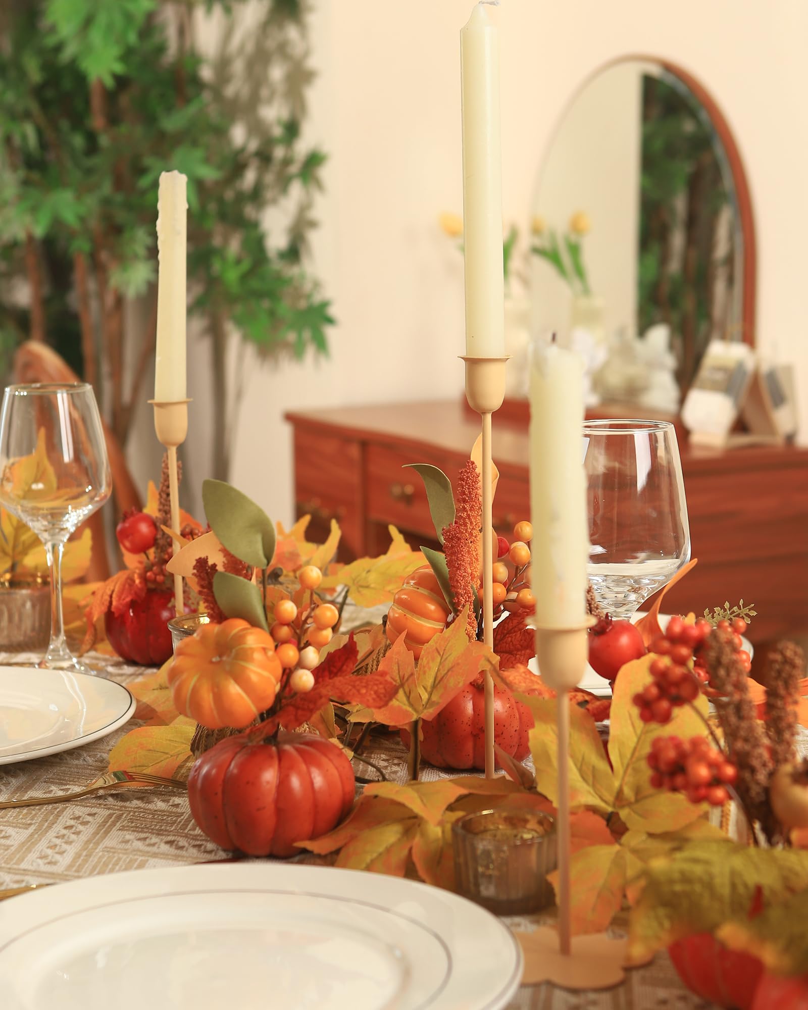 DN DECONATION Thanksgiving Decorations Set of 6 Artificial Pumpkin Decor, Decorative Pumpkin with Maple Leaves Berry for Harvest Fall Decor Table Centerpiece Home Kitchen Party