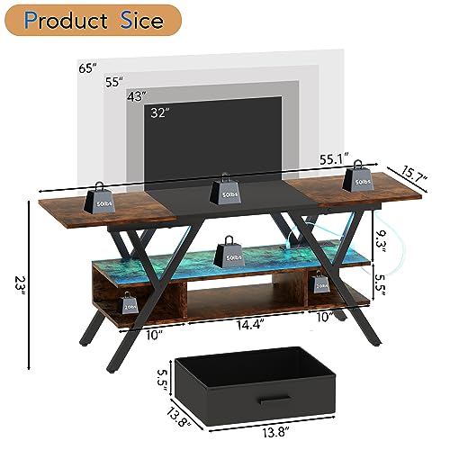 Yusong 65 inch LED TV Stand, Entertainment Center Gaming TV Table with Outlets, Up to 65" Media Console for Living Room, 29+DIY Dynamic RGB Modes, Rustic Brown and Black