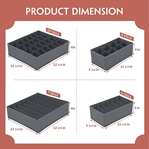 Bofoho Underwear Organizer, 4 PCs Foldable Closet Dresser Drawer Organizer for Clothes, Lingerie, Bra, Panty, Sock, Tie and Belt Storage (Dark Grey)