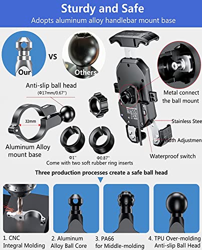 KEWIG Waterproof Motorcycle Phone Mount Qi 15W Wireless & USB C 20W Fast Chargeing Port, One-Push Automatically Lock & Quick Release Handlebar Cell Phone Holder for 4-7'' Phones