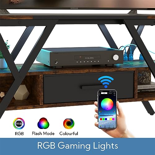 Yusong 65 inch LED TV Stand, Entertainment Center Gaming TV Table with Outlets, Up to 65" Media Console for Living Room, 29+DIY Dynamic RGB Modes, Rustic Brown and Black