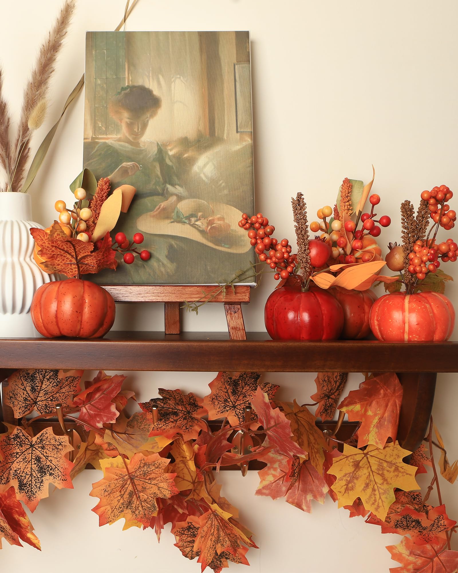 DN DECONATION Thanksgiving Decorations Set of 6 Artificial Pumpkin Decor, Decorative Pumpkin with Maple Leaves Berry for Harvest Fall Decor Table Centerpiece Home Kitchen Party