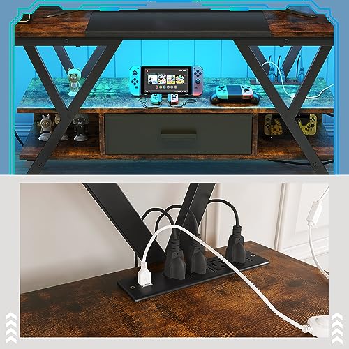 Yusong 65 inch LED TV Stand, Entertainment Center Gaming TV Table with Outlets, Up to 65" Media Console for Living Room, 29+DIY Dynamic RGB Modes, Rustic Brown and Black