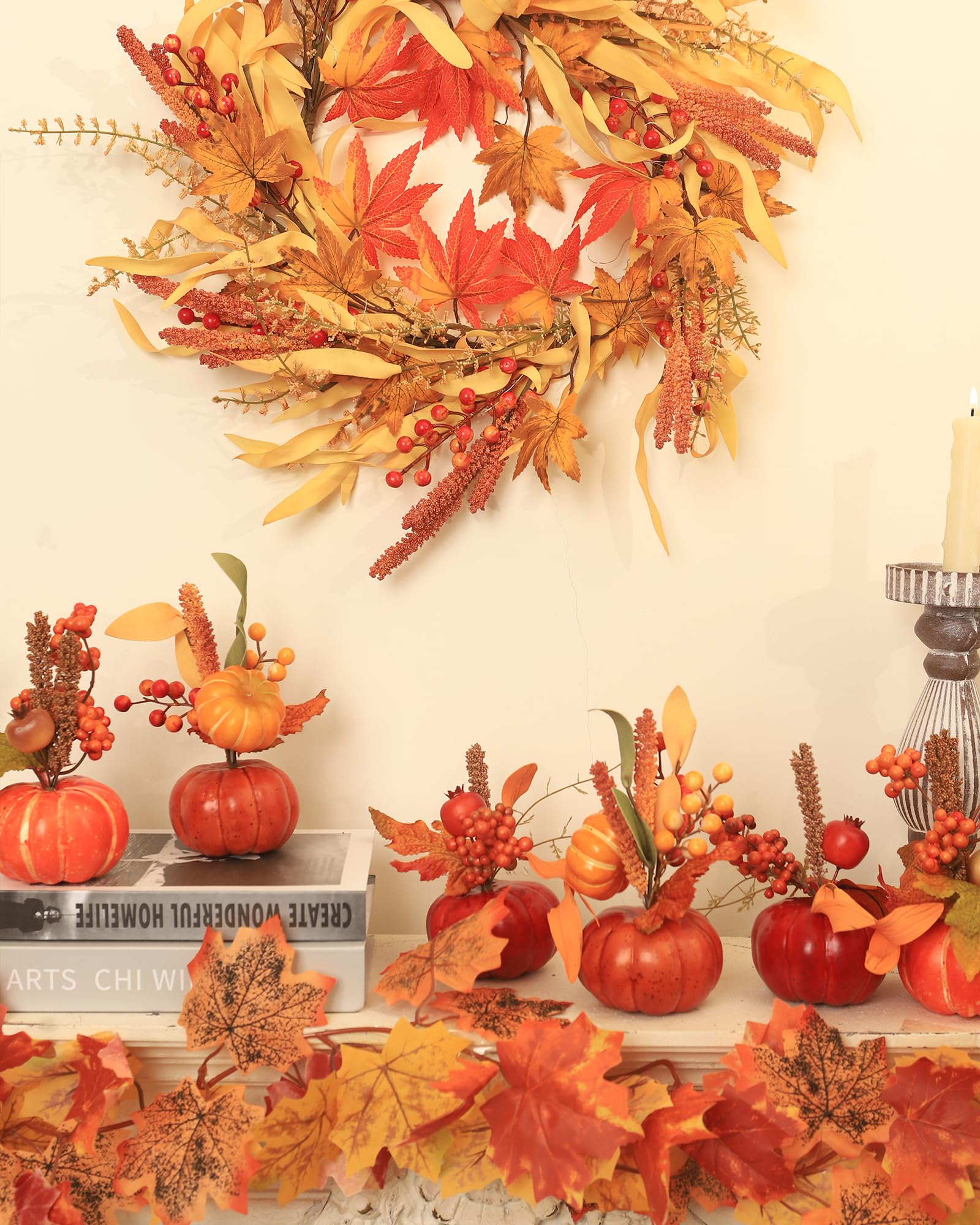 DN DECONATION Thanksgiving Decorations Set of 6 Artificial Pumpkin Decor, Decorative Pumpkin with Maple Leaves Berry for Harvest Fall Decor Table Centerpiece Home Kitchen Party